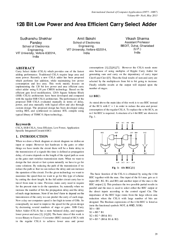 (PDF) 128 Bit Low Power and Area Efficient Carry Select Adder