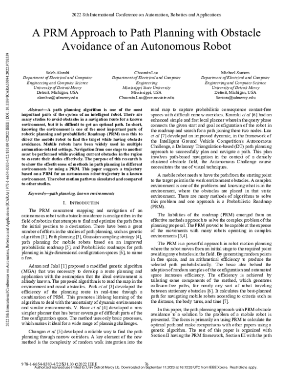 Pdf A Prm Approach To Path Planning With Obstacle Avoidance Of An Autonomous Robot Saleh