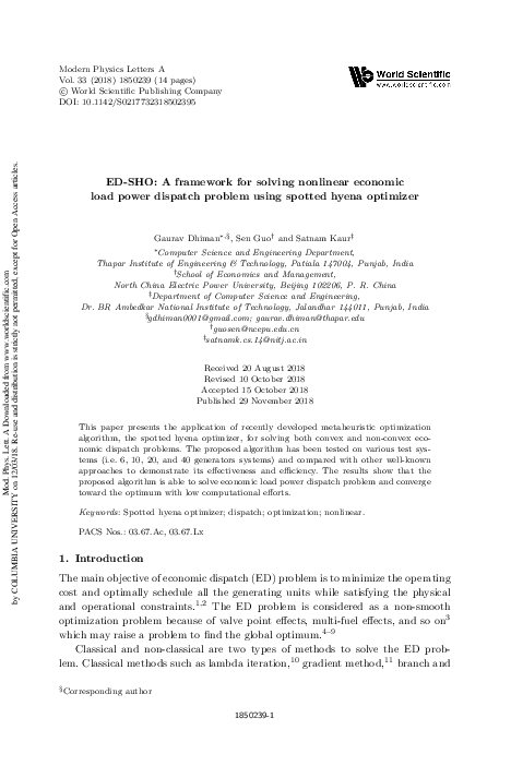 Pdf Ed Sho A Framework For Solving Nonlinear Economic Load Power Dispatch Problem Using