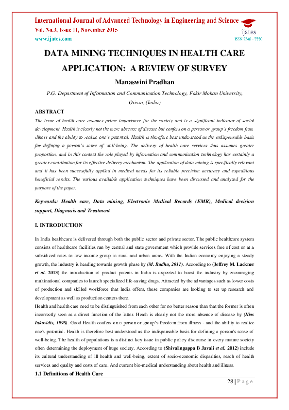 (PDF) Data Mining Techniques in Health Care Application: A Review of Survey