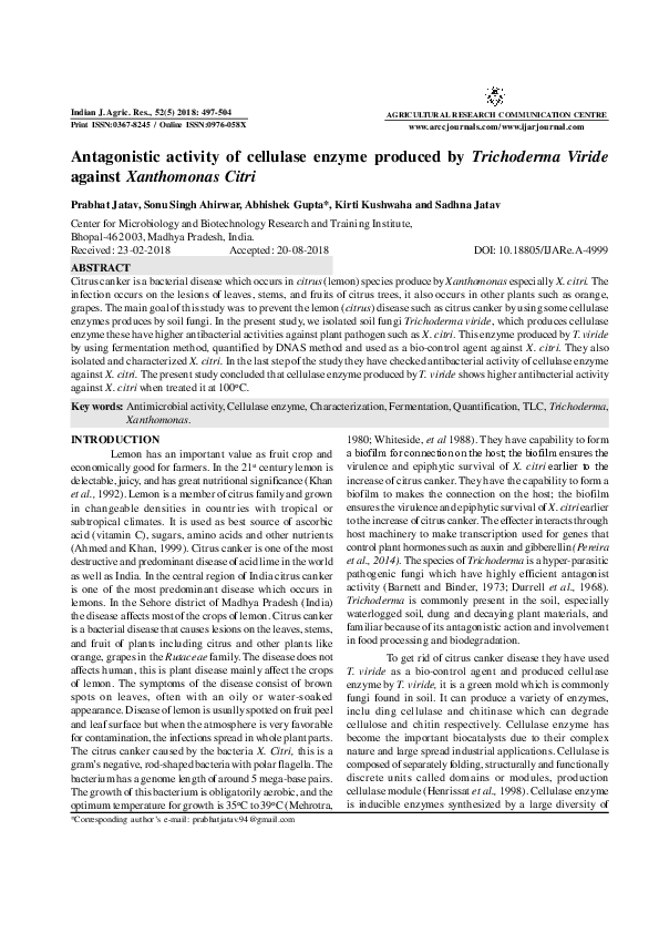(PDF) Antagonistic activity of cellulase enzyme produced by Trichoderma Viride against ...