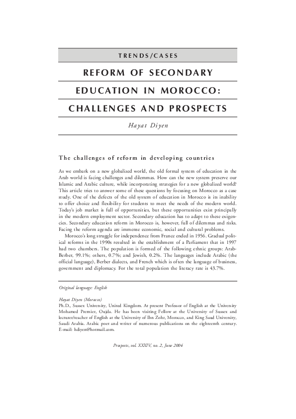 (PDF) Reform of Secondary Education in Morocco: Challenges and Prospects