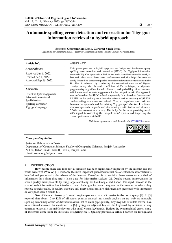 Pdf Automatic Spelling Error Detection And Correction For Tigrigna