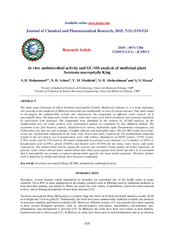 Pdf In Vitro Antimicrobial Activity And Gc Ms Analysis Of Medicinal