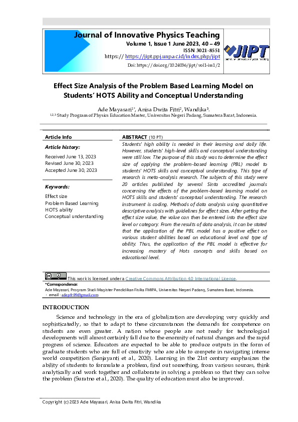 (PDF) Effect Size Analysis of the Problem based Learning Model on ...