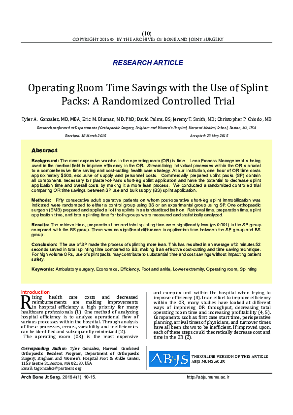 (PDF) Operating Room Time Savings with the Use of Splint Packs: A ...