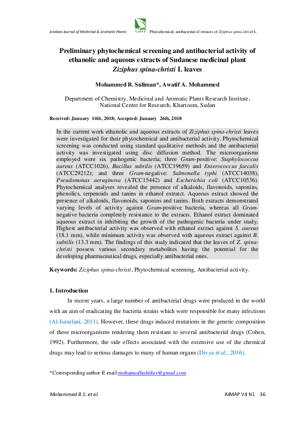 (PDF) Preliminary phytochemical screening and antibacterial activity of ethanolic and aqueous ...