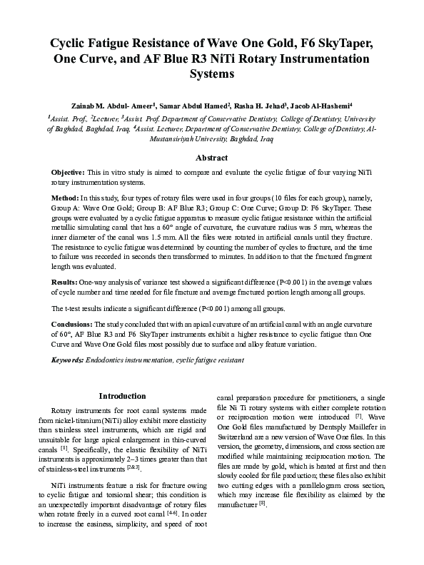(PDF) Cyclic Fatigue Resistance of Wave One Gold, F6 SkyTaper, One ...