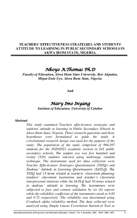 (PDF) TEACHERS' EFFECTIVENESS STRATEGIES AND STUDENTS' ATTITUDE TO LEARNING IN PUBLIC SECONDARY ...