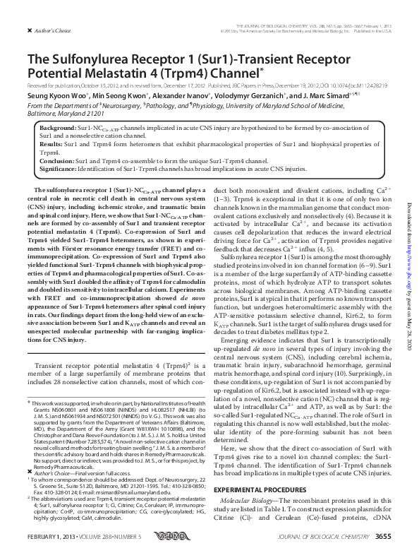 (PDF) The Sulfonylurea Receptor 1 (Sur1)-Transient Receptor Potential ...
