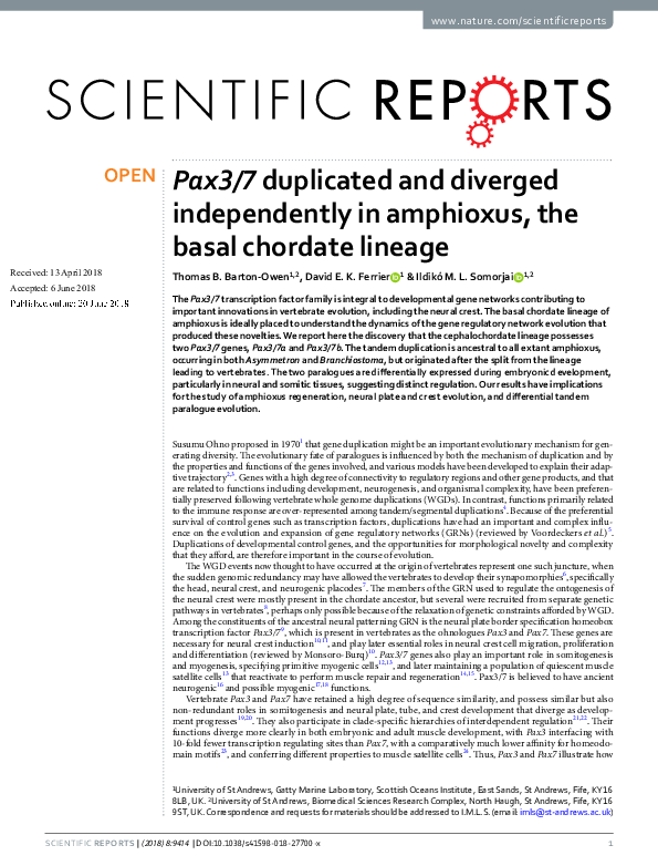 (PDF) Pax3/7 duplicated and diverged independently in amphioxus, the ...