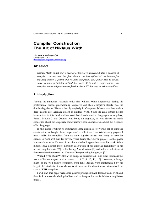 (PDF) Compiler Construction - The Art of Niklaus Wirth