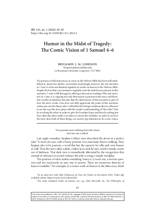 (PDF) Humor in the Midst of Tragedy: The Comic Vision of 1 Samuel 4-6