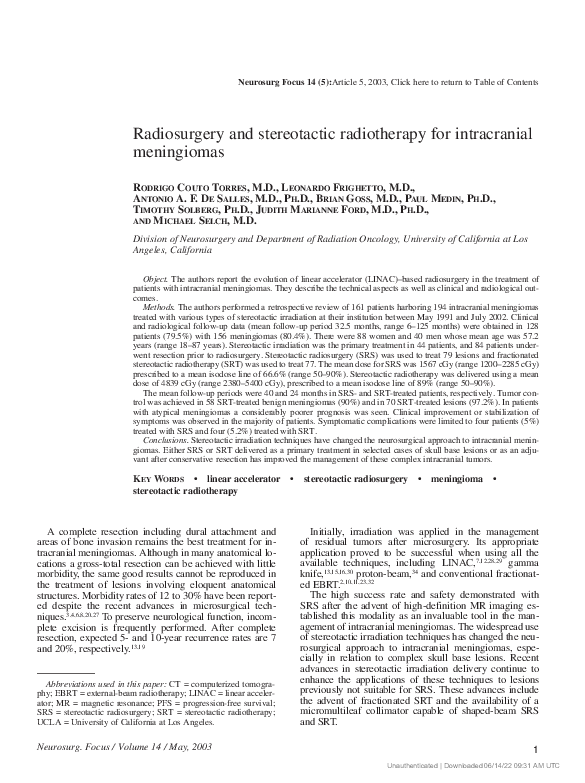 (PDF) Radiosurgery and stereotactic radiotherapy for intracranial meningiomas
