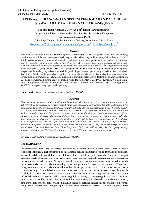 (PDF) Aplikasi Perancangan Sistem Pengolahan Data Nilai Siswa Pada MI Al Madinah Berbasis Java