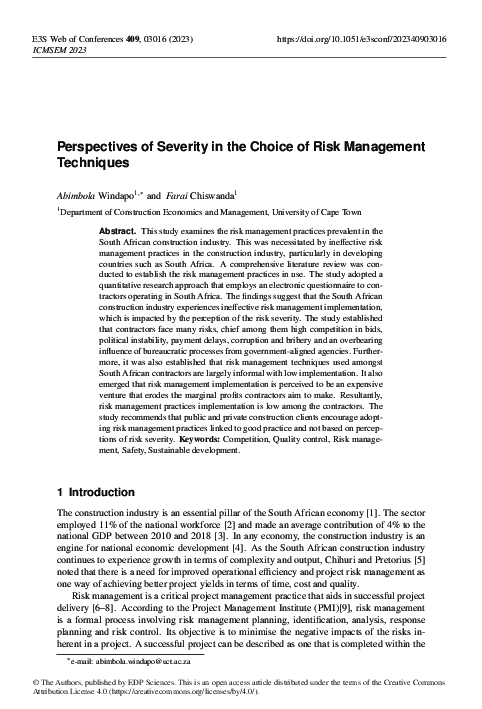 (PDF) Perspectives of Severity in the Choice of Risk Management Techniques