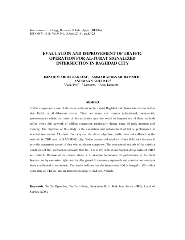 (PDF) Evaluation and Improvement of Traffic Operation for Al-Furat Signalized Intersection in ...