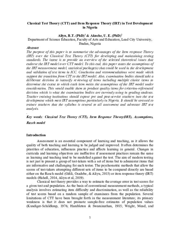 (DOC) Classical Test Theory (CTT) and Item Response Theory (IRT) in ...