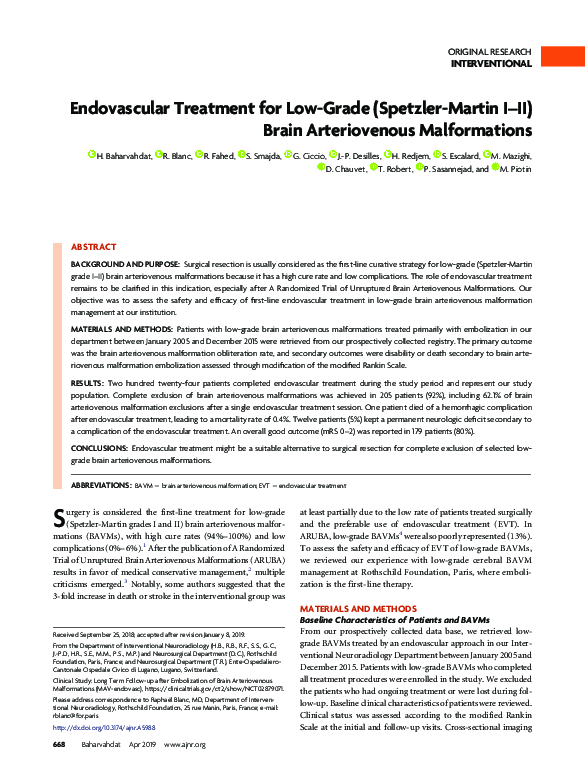 (PDF) Endovascular Treatment for Low-Grade (Spetzler-Martin I–II) Brain ...