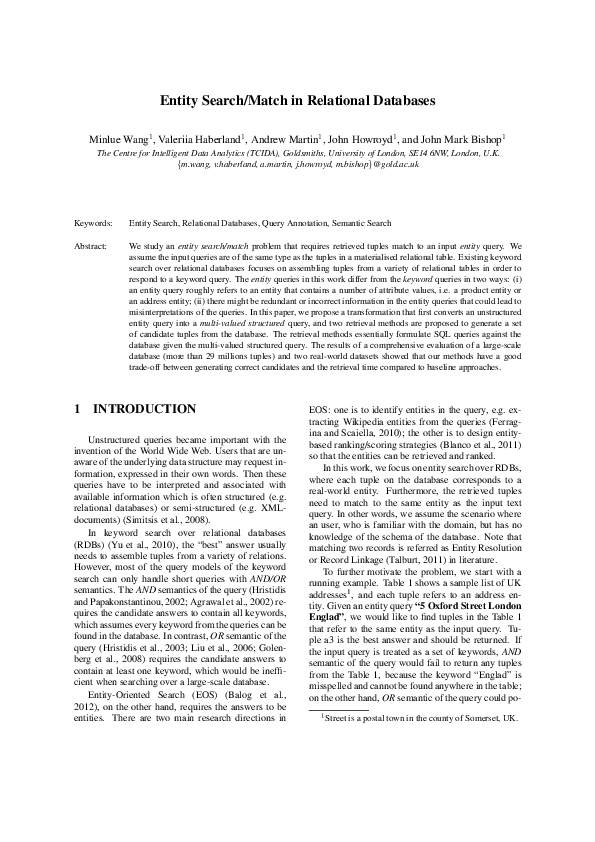 (PDF) Entity Search/Match in Relational Databases
