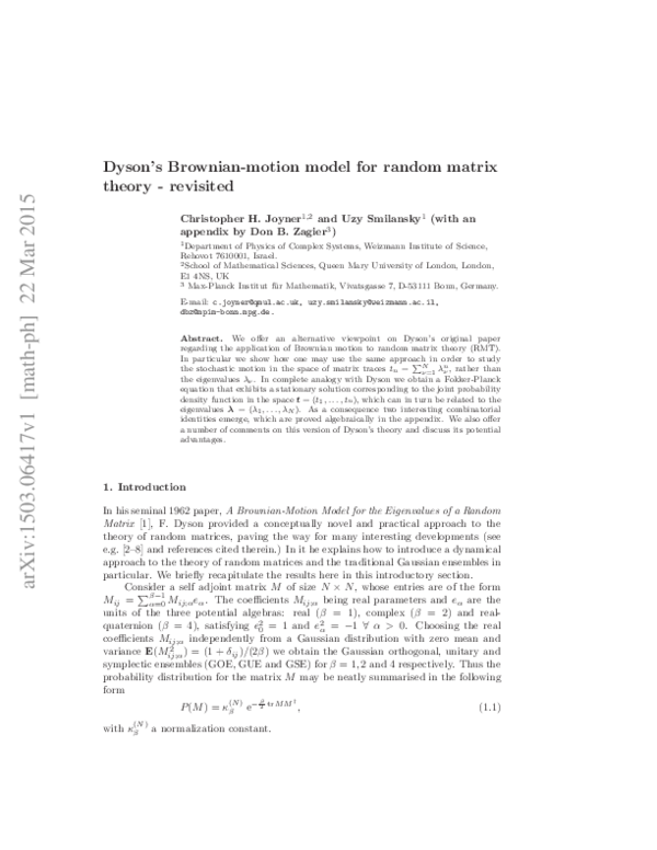 (PDF) Dyson's Brownian-motion model for random matrix theory - revisited. With an Appendix by ...