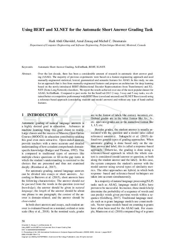 (PDF) Using BERT and XLNET for the Automatic Short Answer Grading Task