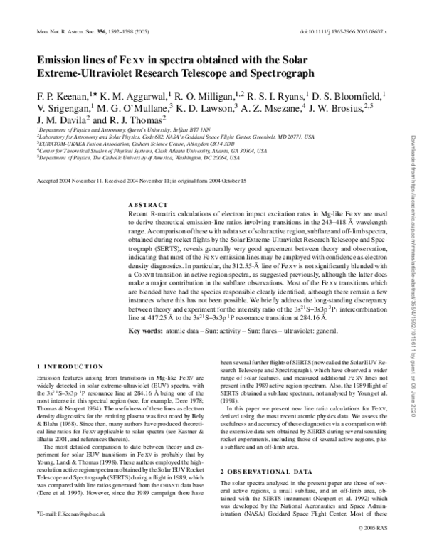 (PDF) Emission lines of Fe xv in spectra obtained with the Solar Extreme-Ultraviolet Research ...