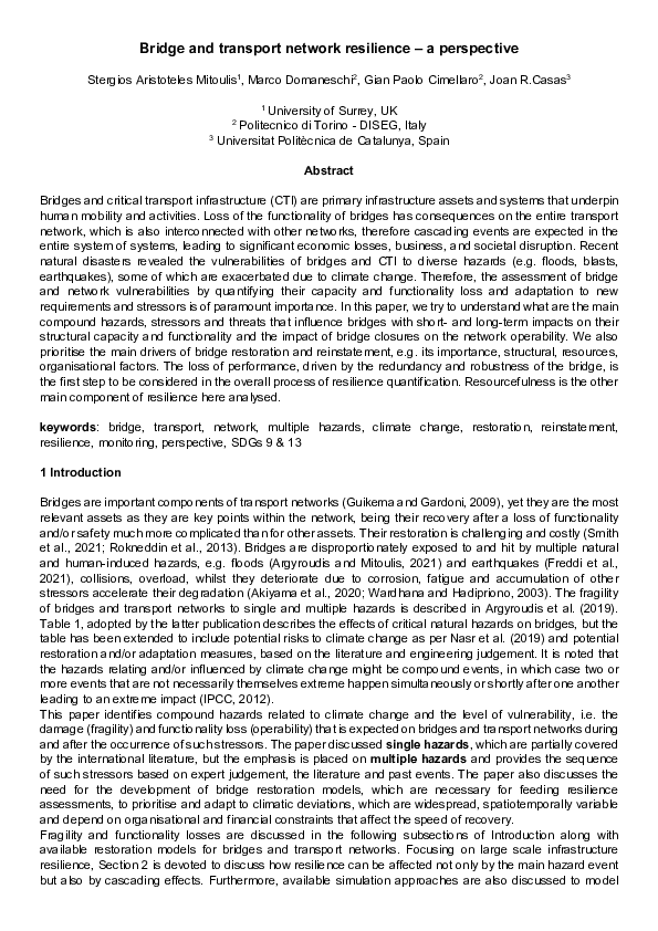 (PDF) Bridge and transport network resilience – a perspective