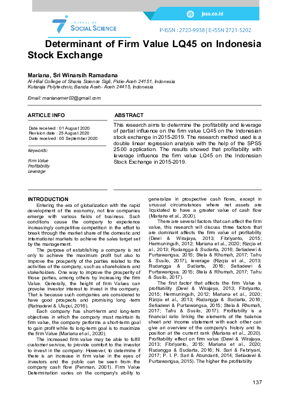 (DOC) Determinant of Firm Value LQ45 on Indonesia Stock Exchange