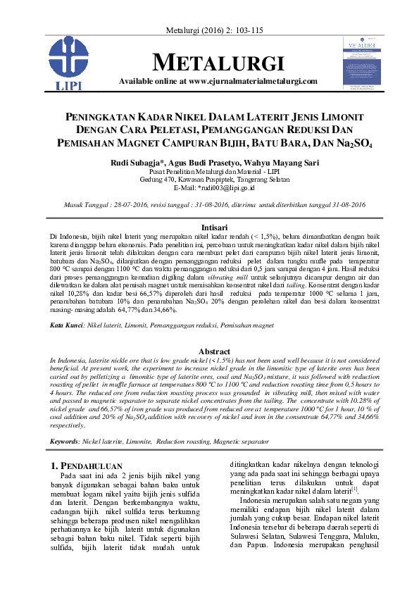 (PDF) PENINGKATAN KADAR NIKEL DALAM LATERIT JENIS LIMONIT DENGAN CARA ... (PDF) PENINGKATAN KADAR NIKEL DALAM LATERIT JENIS LIMONIT DENGAN CARA ...