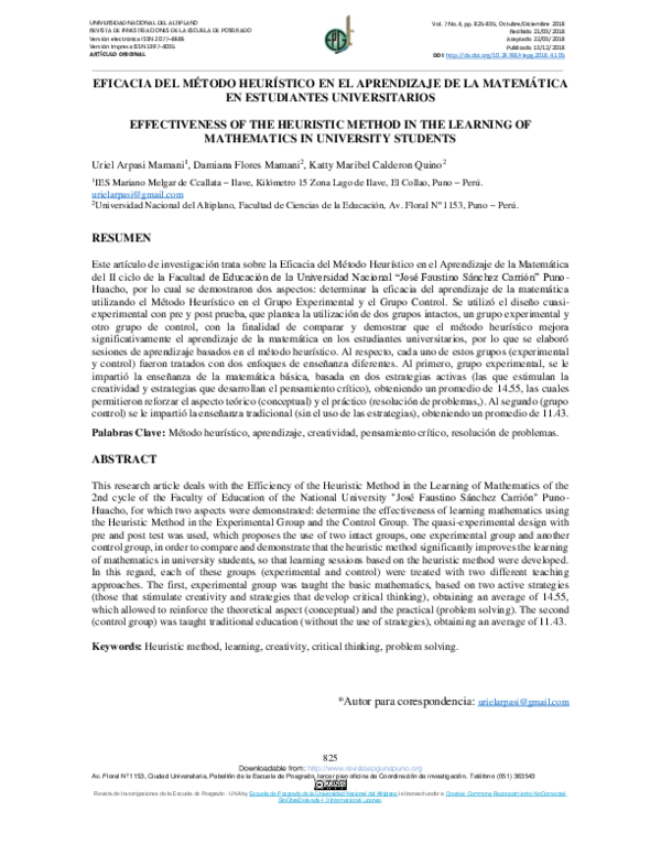 Pdf Eficacia Del Método Heurístico En El Aprendizaje De La Matemática 4731