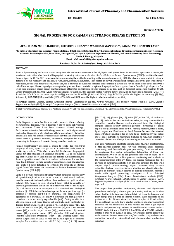 (PDF) SIGNAL PROCESSING FOR RAMAN SPECTRA FOR DISEASE DETECTION Review Article