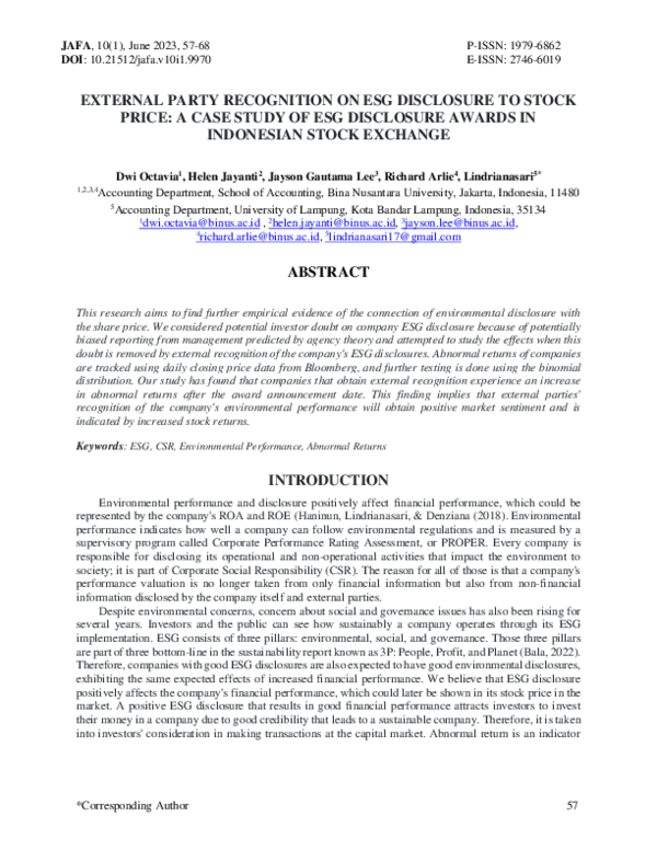 (PDF) External Party Recognition on Esg Disclosure to Stock Price: A ...