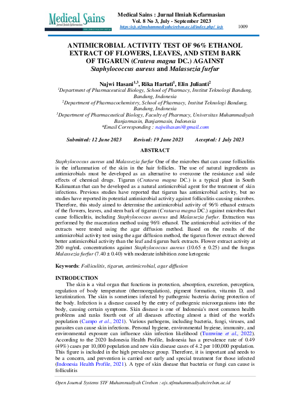 (PDF) ANTIMICROBIAL ACTIVITY TEST OF 96% ETHANOL EXTRACT OF FLOWERS ...
