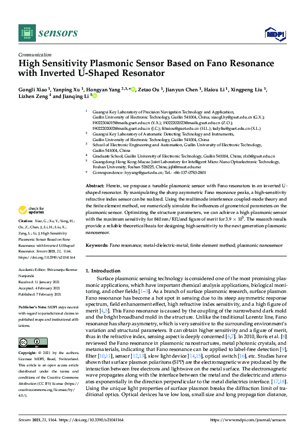(PDF) High Sensitivity Plasmonic Sensor Based on Fano Resonance with Inverted U-Shaped Resonator