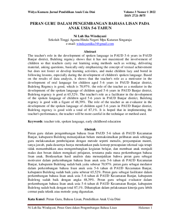 (PDF) Peran Guru Dalam Pengembangan Bahasa Lisan Pada Anak Usia 5-6 Tahun