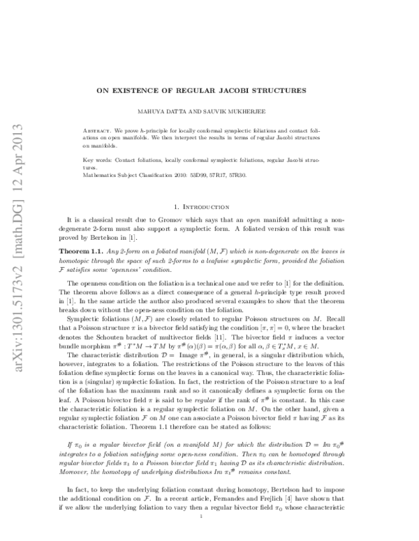 (PDF) On existence of regular jacobi structures