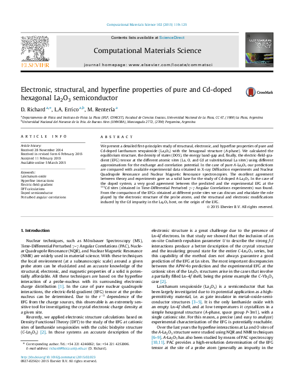 (PDF) Electronic, structural, and hyperfine properties of pure and Cd-doped hexagonal La2O3 ...