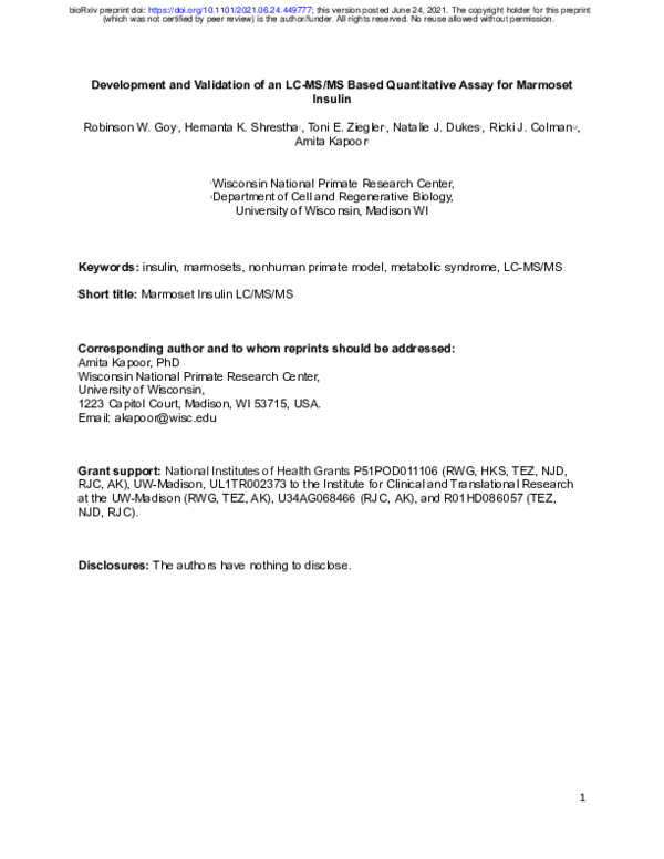 (PDF) Development and Validation of an LC-MS/MS Based Quantitative Assay for Marmoset Insulin