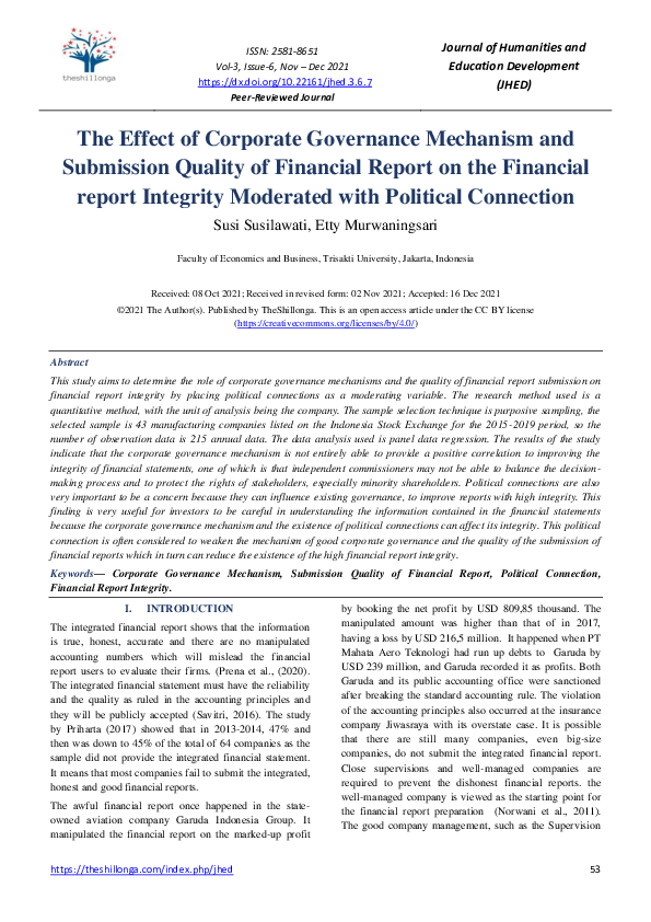 (PDF) The Effect of Corporate Governance Mechanism and Submission Quality of Financial Report on ...