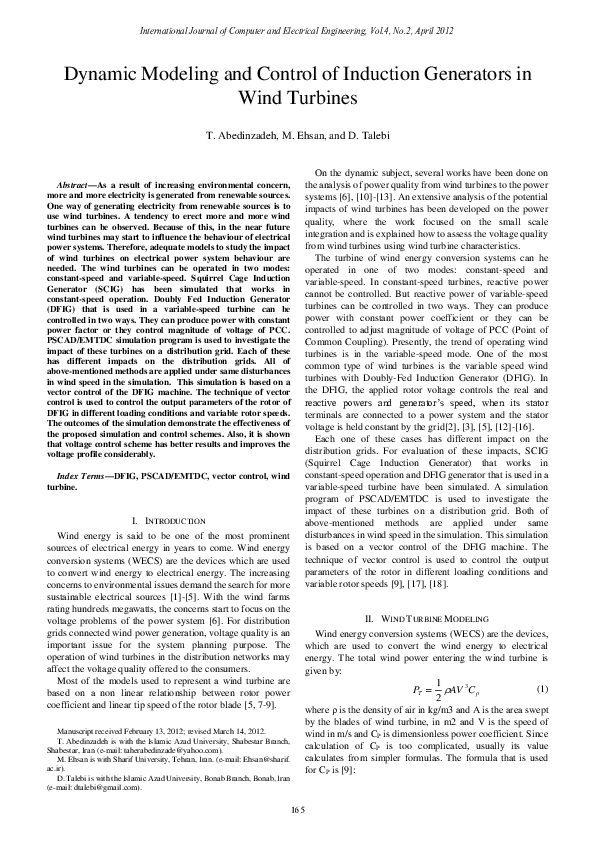 (PDF) Dynamic Modeling and Control of Induction Generators in Wind Turbines