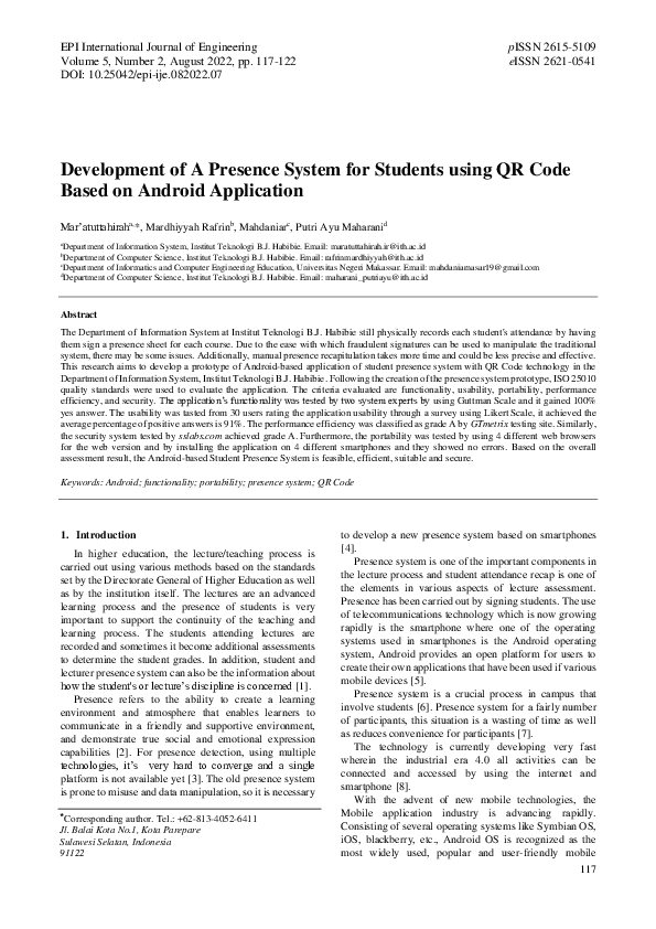 (PDF) Development of A Presence System for Students Using QR Code Based on Android Application