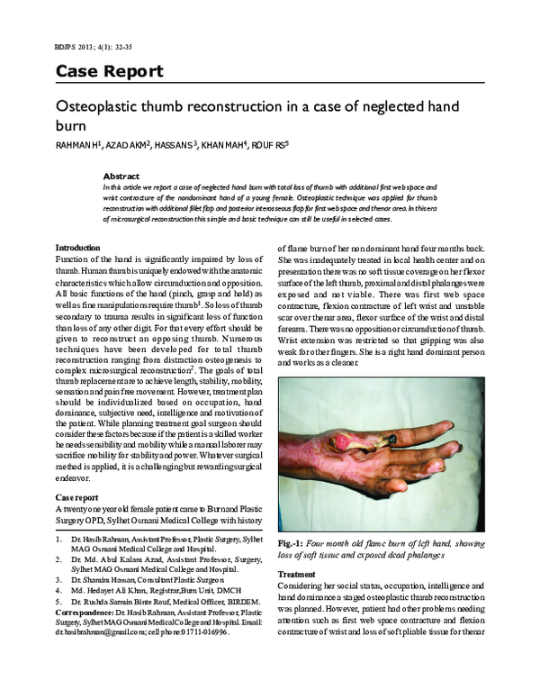 (PDF) Osteoplastic thumb reconstruction in a case of neglected hand burn