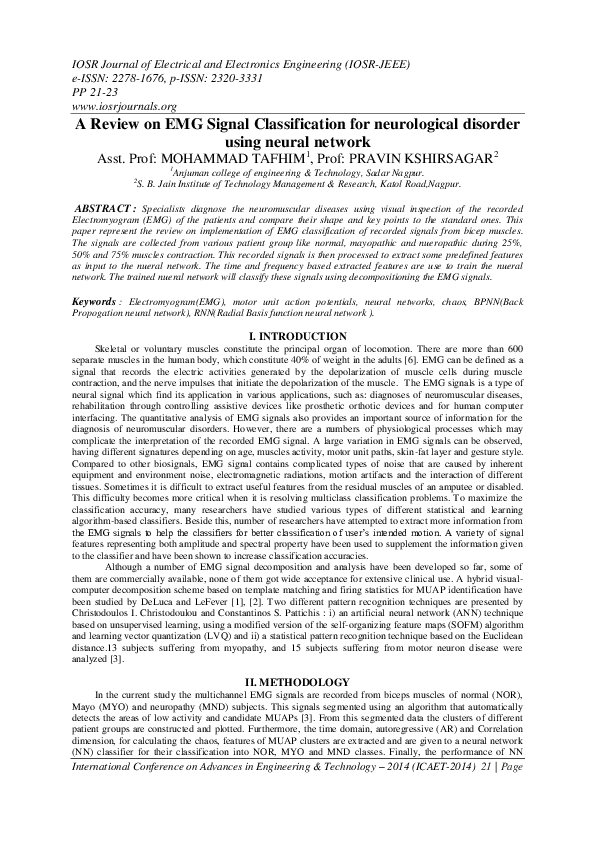 (PDF) A Review on EMG Signal Classification for neurological disorder using neural network