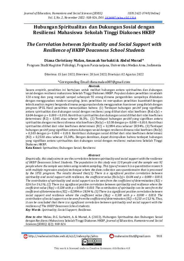 (PDF) Hubungan Spiritualitas dan Dukungan Sosial dengan Resiliensi Mahasiswa Sekolah Tinggi ...