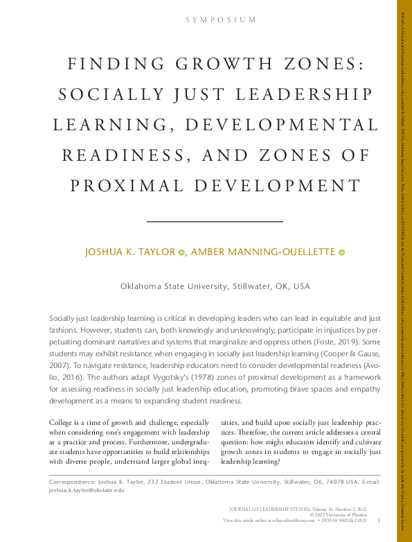 (PDF) Finding Growth Zones: Socially Just Leadership Learning ...