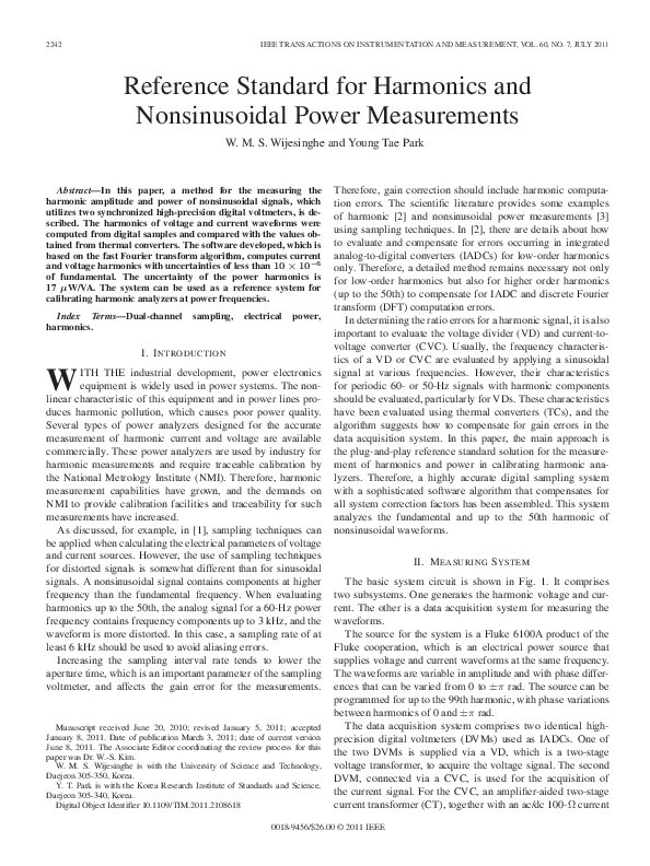 (PDF) Reference Standard for Harmonics and Nonsinusoidal Power Measurements