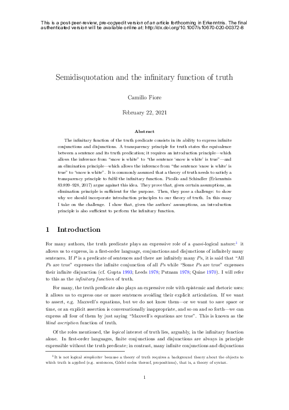 (PDF) Semidisquotation and the Infinitary Function of Truth