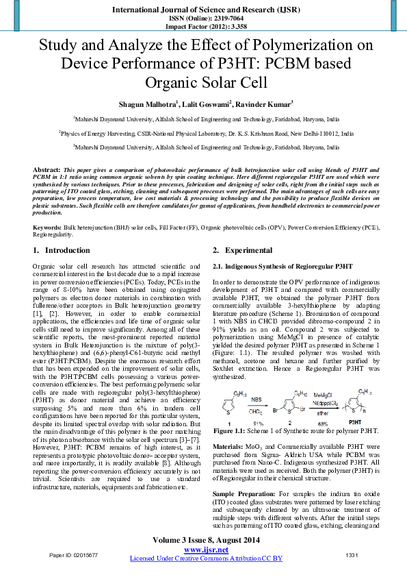 (PDF) Study and Analyze the Effect of Polymerization on Device Performance of P 3 HT : PCBM ...