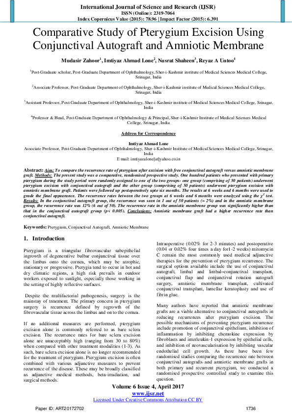 (PDF) Comparative Study of Pterygium Excision Using Conjunctival ...